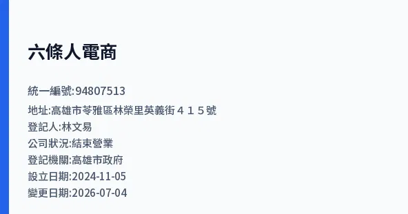 六條人電商的照片-統編 94807513(高雄市) 公司登記資料與營業項目詳細圖表