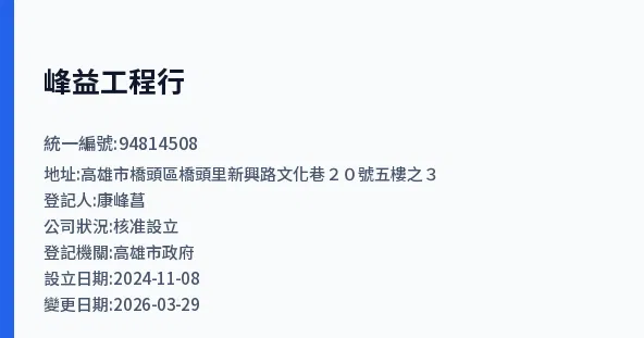 峰益工程行的照片-統編 94814508(高雄市) 公司登記資料與營業項目詳細圖表