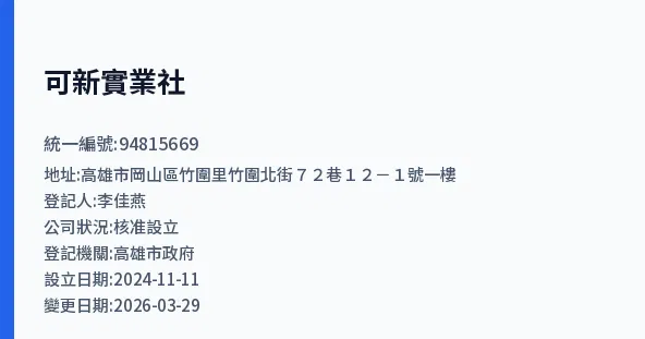 可新實業社的照片-統編 94815669(高雄市) 公司登記資料與營業項目詳細圖表