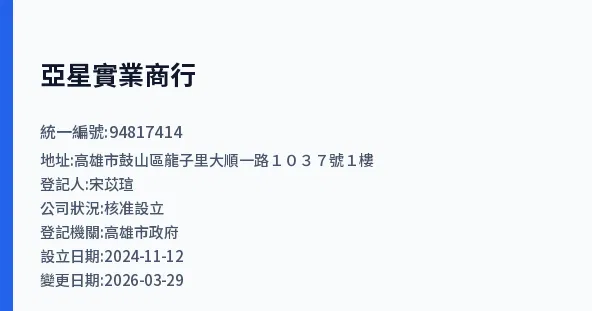 亞星實業商行的照片-統編 94817414(高雄市) 公司登記資料與營業項目詳細圖表