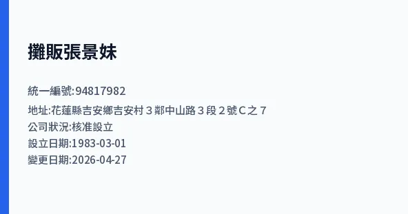 攤販張景妹的照片-統編 94817982(花蓮縣) 公司登記資料與營業項目詳細圖表