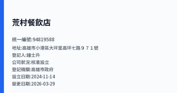 荒村餐飲店的照片-統編 94819588(高雄市) 公司登記資料與營業項目詳細圖表