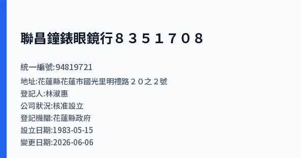 聯昌鐘錶眼鏡行8351708的照片-統編 94819721(花蓮縣) 公司登記資料與營業項目詳細圖表