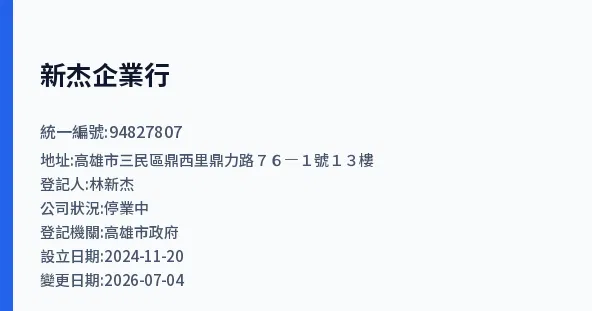 新杰企業行的照片-統編 94827807(高雄市) 公司登記資料與營業項目詳細圖表