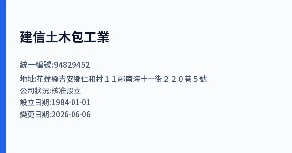 建信土木包工業的照片-統編 94829452(花蓮縣) 公司登記資料與營業項目詳細圖表