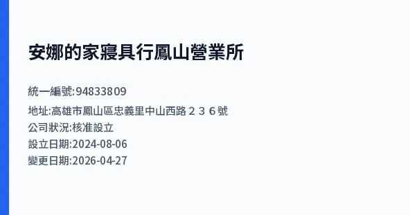 安娜的家寢具行鳳山營業所的照片-統編 94833809(高雄市) 公司登記資料與營業項目詳細圖表
