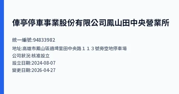 俥亭停車事業股份有限公司鳳山田中央營業所的照片-統編 94833982(高雄市) 公司登記資料與營業項目詳細圖表