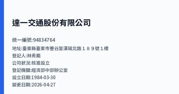 達一交通股份有限公司的照片-統編 94834764(臺東縣) 公司登記資料與營業項目詳細圖表