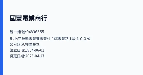 國豐電業商行的照片-統編 94836355(花蓮縣) 公司登記資料與營業項目詳細圖表