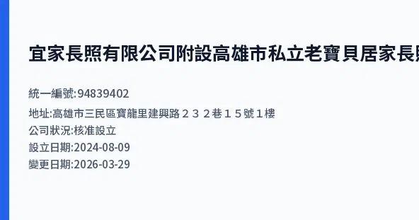 宜家長照有限公司附設高雄市私立老寶貝居家長照機構的照片-統編 94839402(高雄市) 公司登記資料與營業項目詳細圖表
