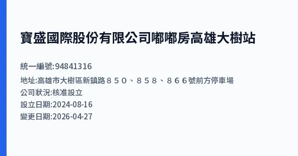 寶盛國際股份有限公司嘟嘟房高雄大樹站的照片-統編 94841316(高雄市) 公司登記資料與營業項目詳細圖表