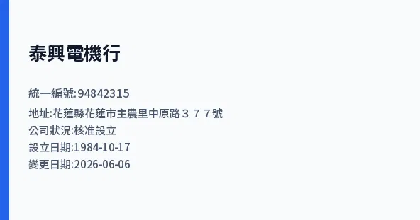 泰興電機行的照片-統編 94842315(花蓮縣) 公司登記資料與營業項目詳細圖表
