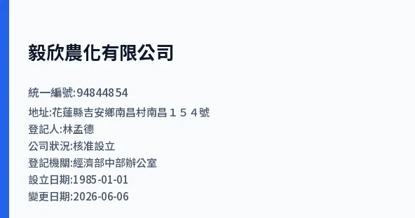 毅欣農化有限公司的照片-統編 94844854(花蓮縣) 公司登記資料與營業項目詳細圖表
