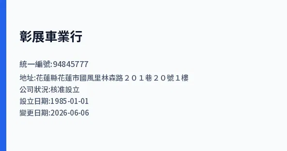 彰展車業行的照片-統編 94845777(花蓮縣) 公司登記資料與營業項目詳細圖表