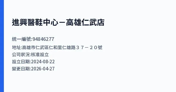 進興醫鞋中心-高雄仁武店的照片-統編 94846277(高雄市) 公司登記資料與營業項目詳細圖表