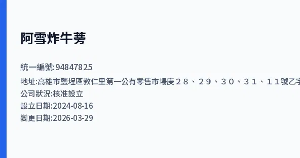 阿雪炸牛蒡的照片-統編 94847825(高雄市) 公司登記資料與營業項目詳細圖表