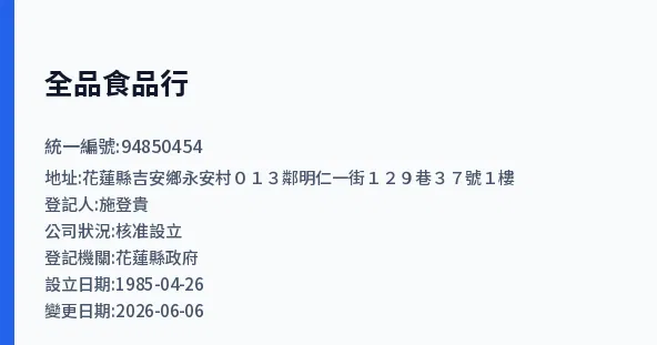 全品食品行的照片-統編 94850454(花蓮縣) 公司登記資料與營業項目詳細圖表