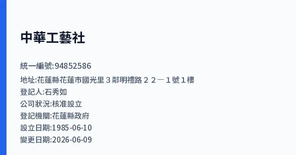 中華工藝社的照片-統編 94852586(花蓮縣) 公司登記資料與營業項目詳細圖表
