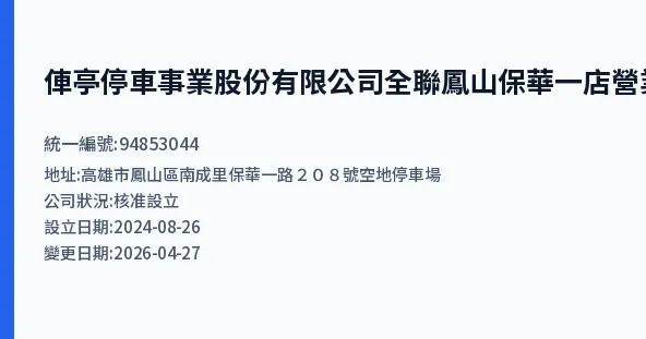 俥亭停車事業股份有限公司全聯鳳山保華一店營業所的照片-統編 94853044(高雄市) 公司登記資料與營業項目詳細圖表