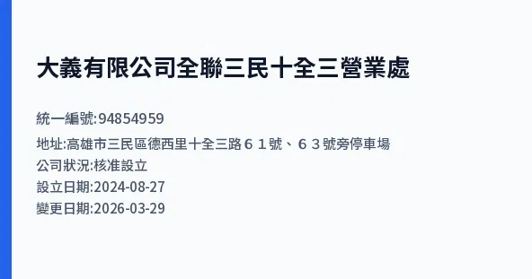大義有限公司全聯三民十全三營業處的照片-統編 94854959(高雄市) 公司登記資料與營業項目詳細圖表