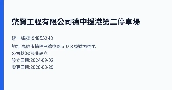 棨賢工程有限公司德中援港第二停車場的照片-統編 94855248(高雄市) 公司登記資料與營業項目詳細圖表