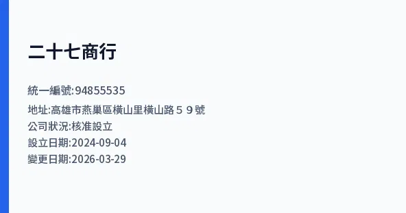 二十七商行的照片-統編 94855535(高雄市) 公司登記資料與營業項目詳細圖表