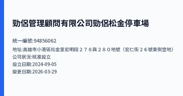 勁侶管理顧問有限公司勁侶松金停車場的照片-統編 94856062(高雄市) 公司登記資料與營業項目詳細圖表