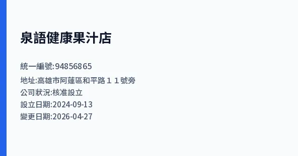 泉語健康果汁店的照片-統編 94856865(高雄市) 公司登記資料與營業項目詳細圖表