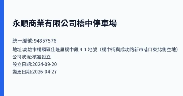 永順商業有限公司橋中停車場的照片-統編 94857576(高雄市) 公司登記資料與營業項目詳細圖表