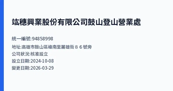 竑穗興業股份有限公司鼓山登山營業處的照片-統編 94858998(高雄市) 公司登記資料與營業項目詳細圖表
