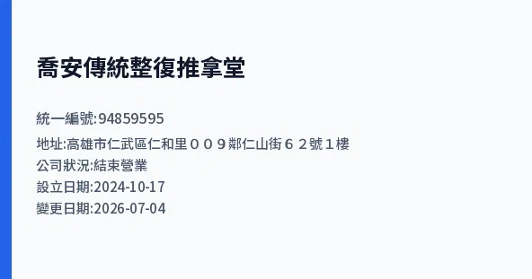 喬安傳統整復推拿堂的照片-統編 94859595(高雄市) 公司登記資料與營業項目詳細圖表