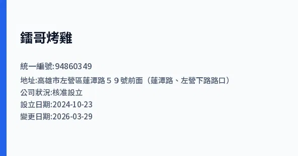 鐳哥烤雞的照片-統編 94860349(高雄市) 公司登記資料與營業項目詳細圖表