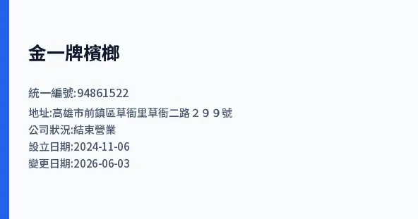 金一牌檳榔的照片-統編 94861522(高雄市) 公司登記資料與營業項目詳細圖表