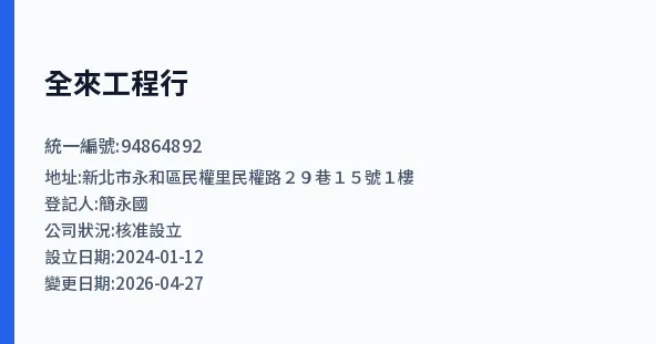 全來工程行的照片-統編 94864892(新北市) 公司登記資料與營業項目詳細圖表