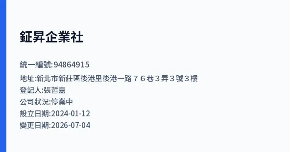 鉦昇企業社的照片-統編 94864915(新北市) 公司登記資料與營業項目詳細圖表