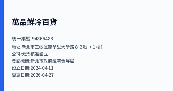 萬品鮮冷百貨的照片-統編 94866483(新北市) 公司登記資料與營業項目詳細圖表