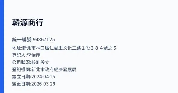 韓源商行的照片-統編 94867125(新北市) 公司登記資料與營業項目詳細圖表