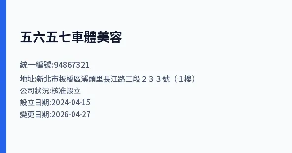 五六五七車體美容的照片-統編 94867321(新北市) 公司登記資料與營業項目詳細圖表