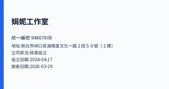 娟妮工作室的照片-統編 94867808(新北市) 公司登記資料與營業項目詳細圖表