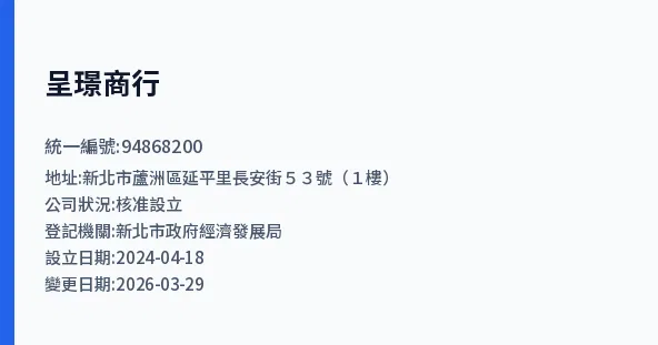 呈璟商行的照片-統編 94868200(新北市) 公司登記資料與營業項目詳細圖表