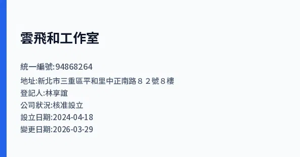 雲飛和工作室的照片-統編 94868264(新北市) 公司登記資料與營業項目詳細圖表