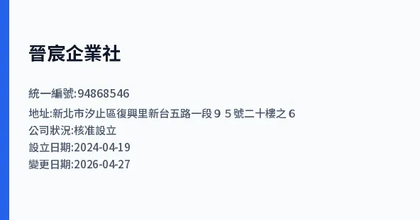晉宸企業社的照片-統編 94868546(新北市) 公司登記資料與營業項目詳細圖表