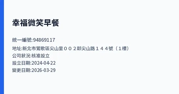 幸福微笑早餐的照片-統編 94869117(新北市) 公司登記資料與營業項目詳細圖表