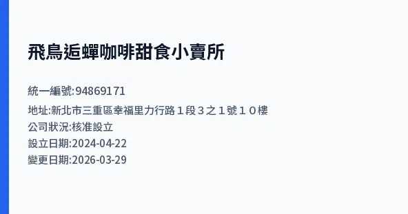 飛鳥逅蟬咖啡甜食小賣所的照片-統編 94869171(新北市) 公司登記資料與營業項目詳細圖表