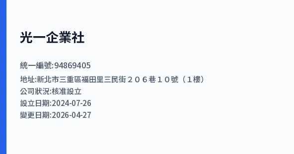 光一企業社的照片-統編 94869405(新北市) 公司登記資料與營業項目詳細圖表