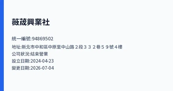薇荿興業社的照片-統編 94869502(新北市) 公司登記資料與營業項目詳細圖表