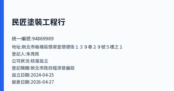 民匠塗裝工程行的照片-統編 94869989(新北市) 公司登記資料與營業項目詳細圖表