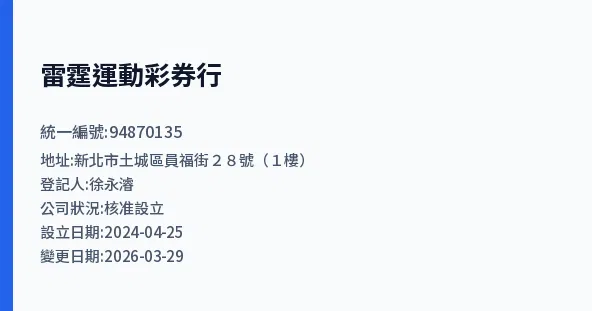 雷霆運動彩券行的照片-統編 94870135(新北市) 公司登記資料與營業項目詳細圖表