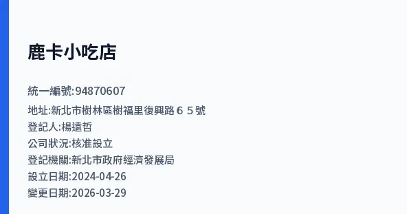鹿卡小吃店的照片-統編 94870607(新北市) 公司登記資料與營業項目詳細圖表