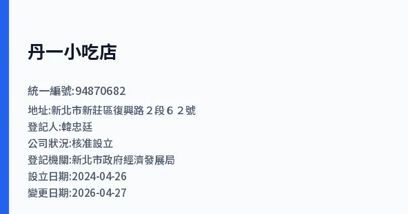 丹一小吃店的照片-統編 94870682(新北市) 公司登記資料與營業項目詳細圖表